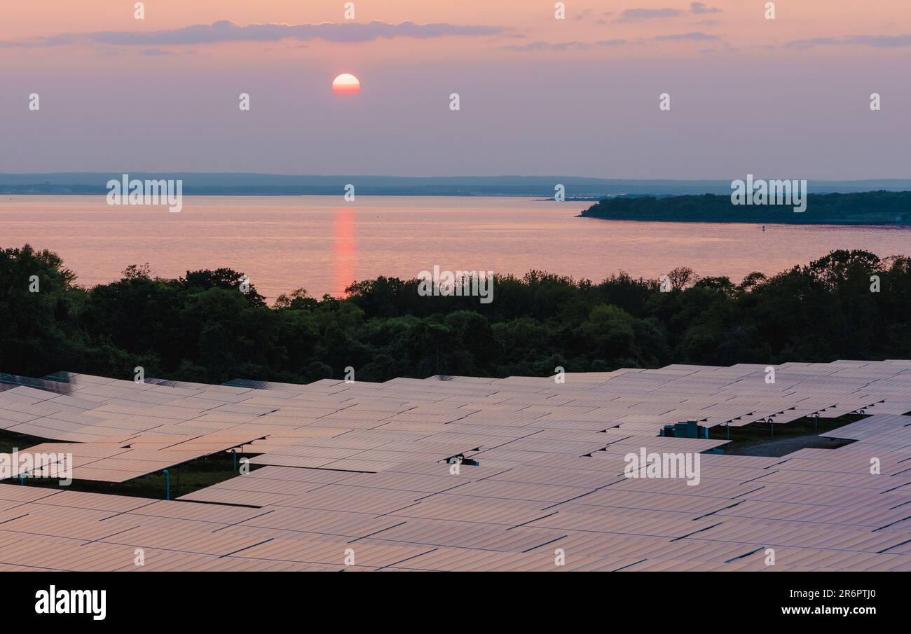 Newport, Rhode Island. Solar panels mounted on the ground in the ...