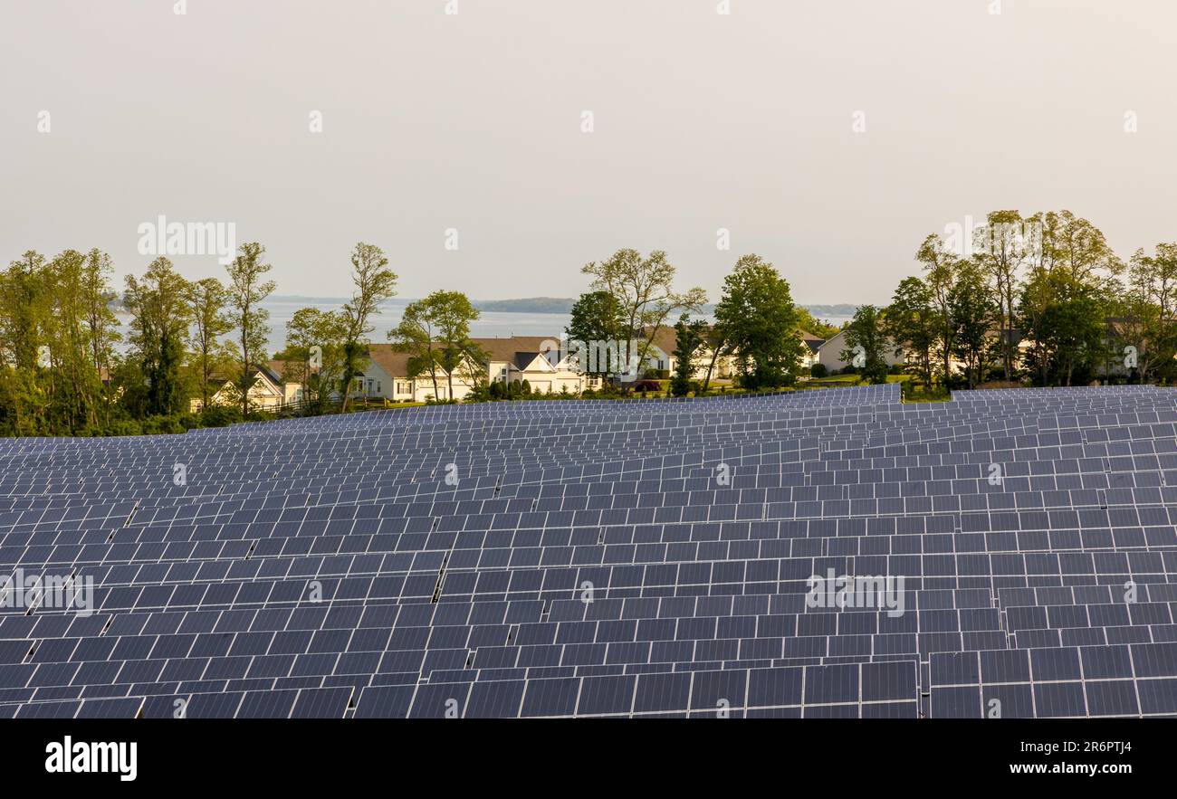Newport, Rhode Island. Solar panels mounted on the ground in the ...