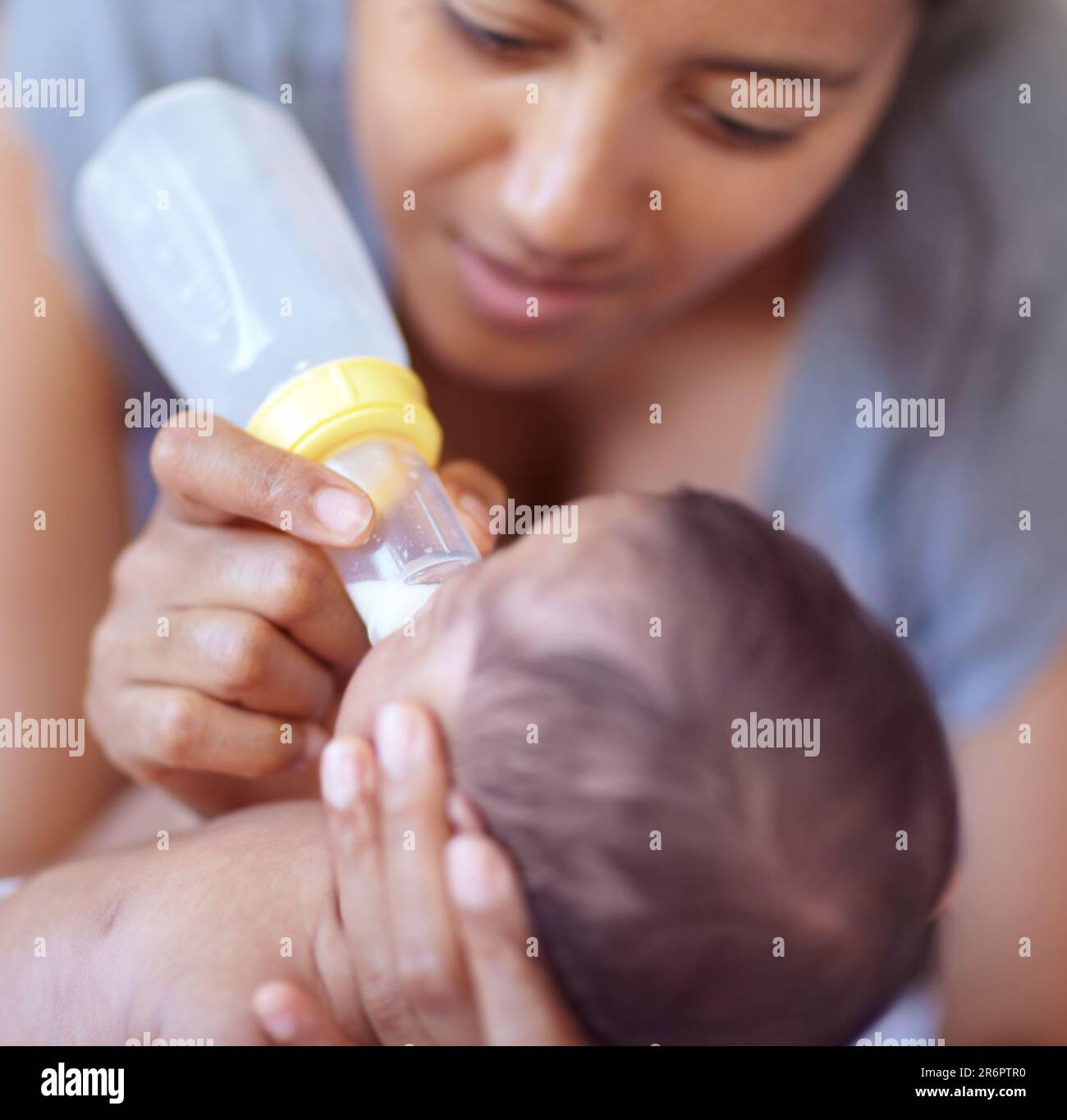Mom, baby and feeding milk from bottle for nutrition, health and ...