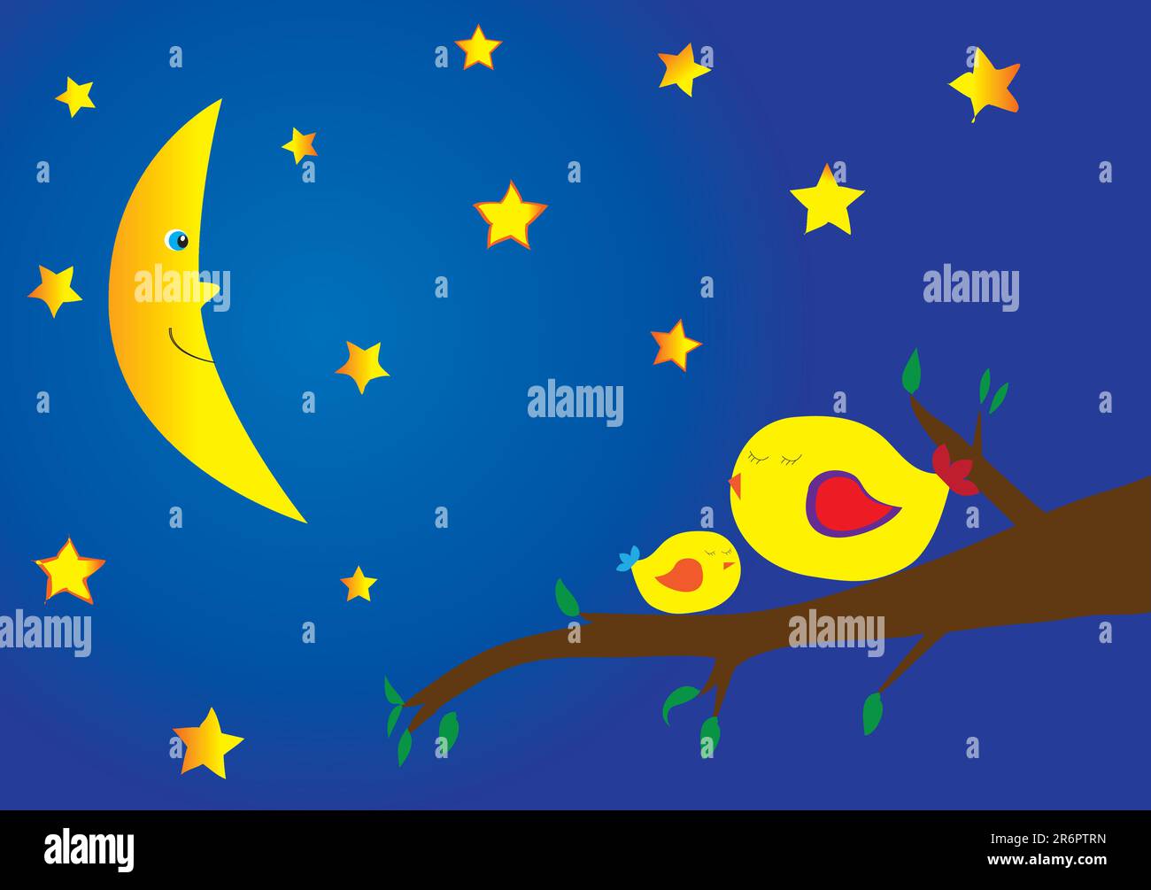 vector illustration of two birds at night with moon and starry night ...