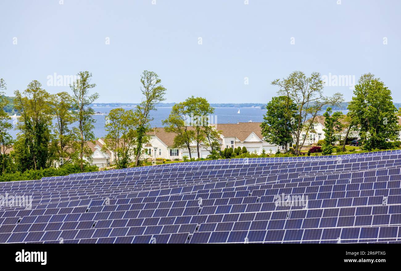 Newport, Rhode Island. Solar panels mounted on the ground in the ...