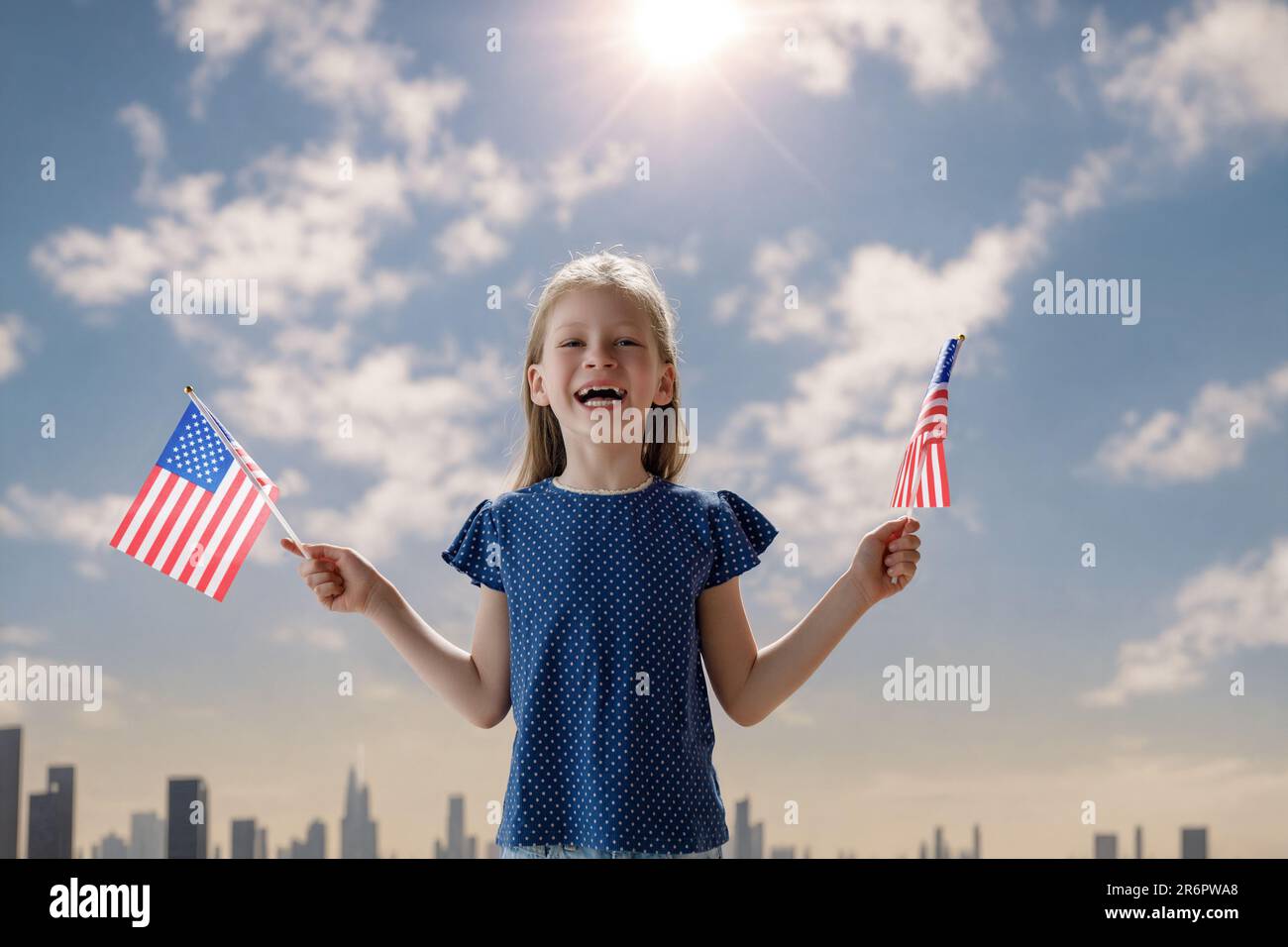 Patriotic holiday. Happy kid, cute little child girl with American flag ...