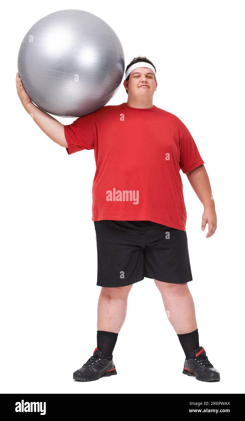 Portrait, obesity and man with exercise ball, weight loss and guy ...