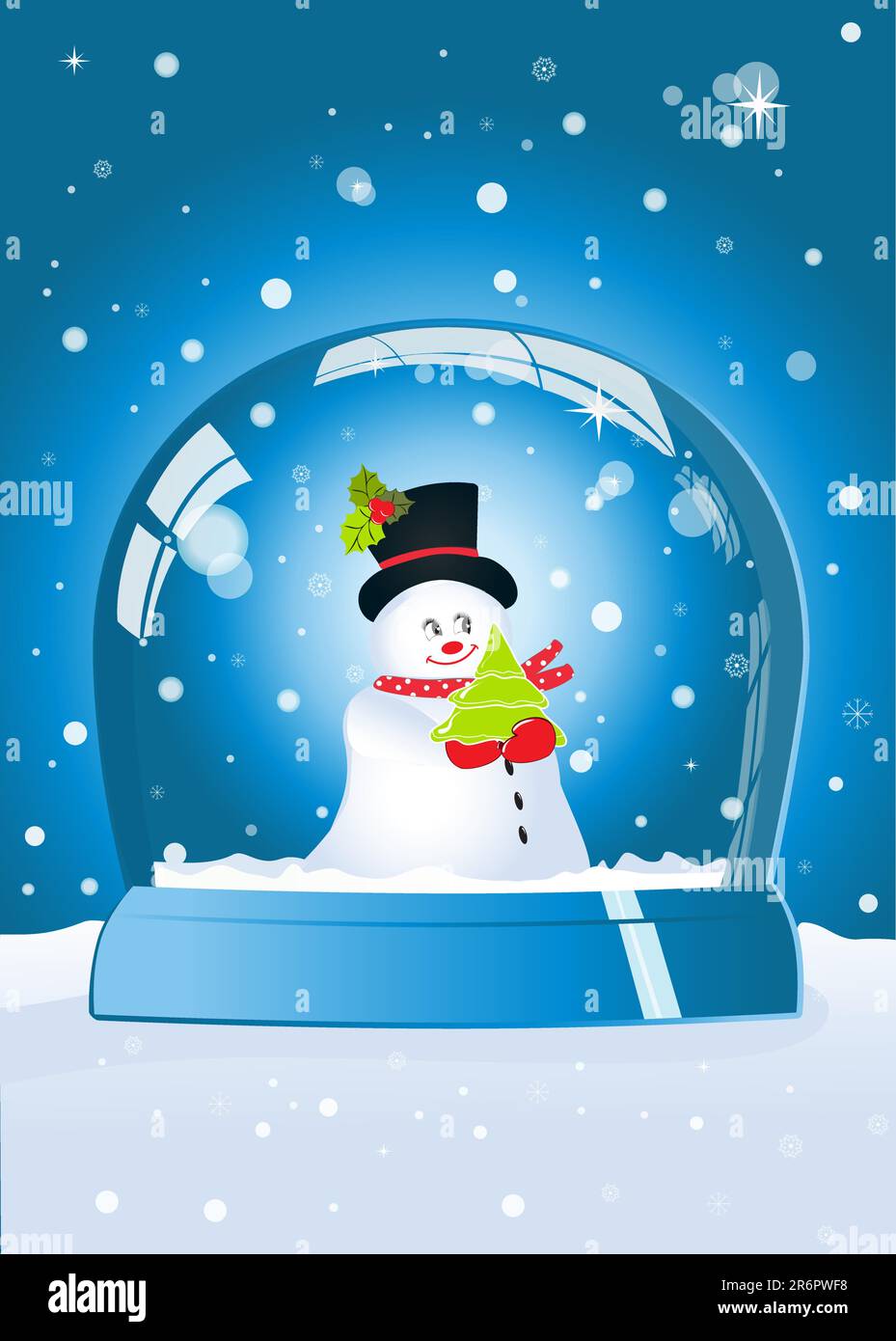 cute smiling snowman holding a christmas tree in a beautiful snowglobe ...