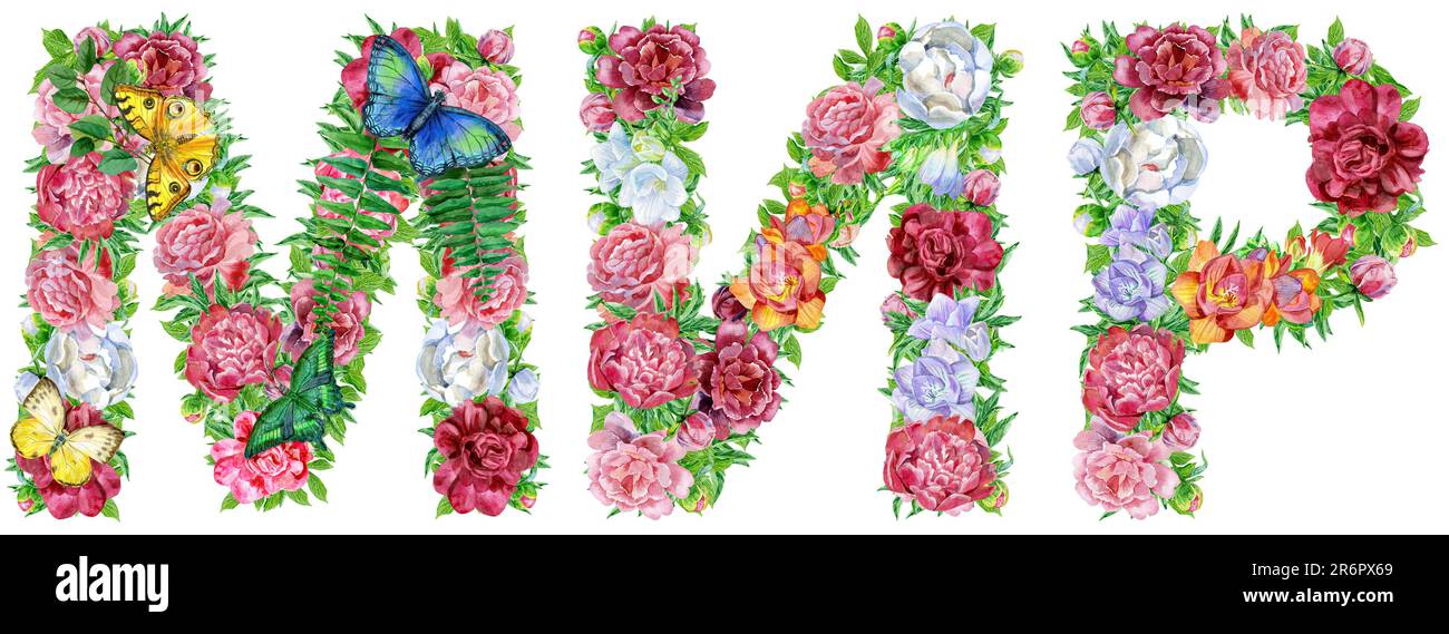 Word Peace in Russian of watercolor flowers, isolated hand drawn on a ...
