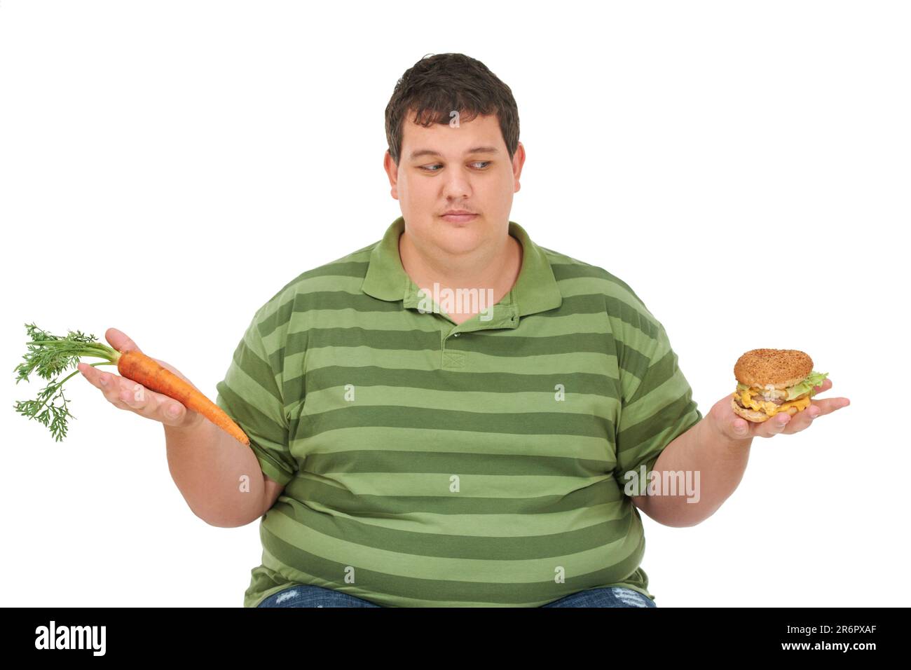 Plus size, diet decision and man with a carrot and fast food choice ...