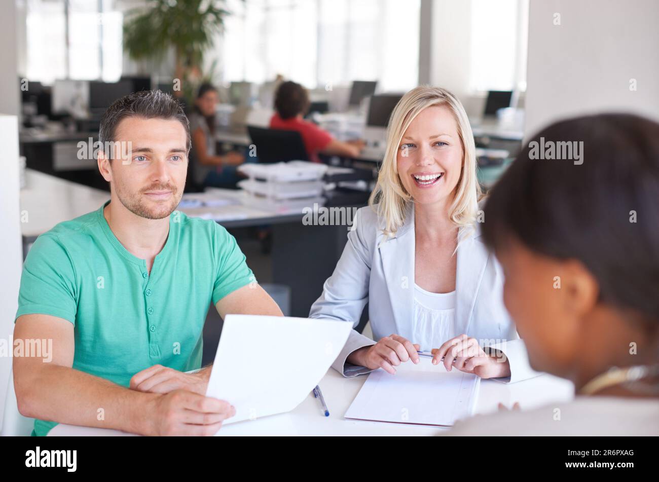 Documents, interview and happy business people, meeting clients and ...