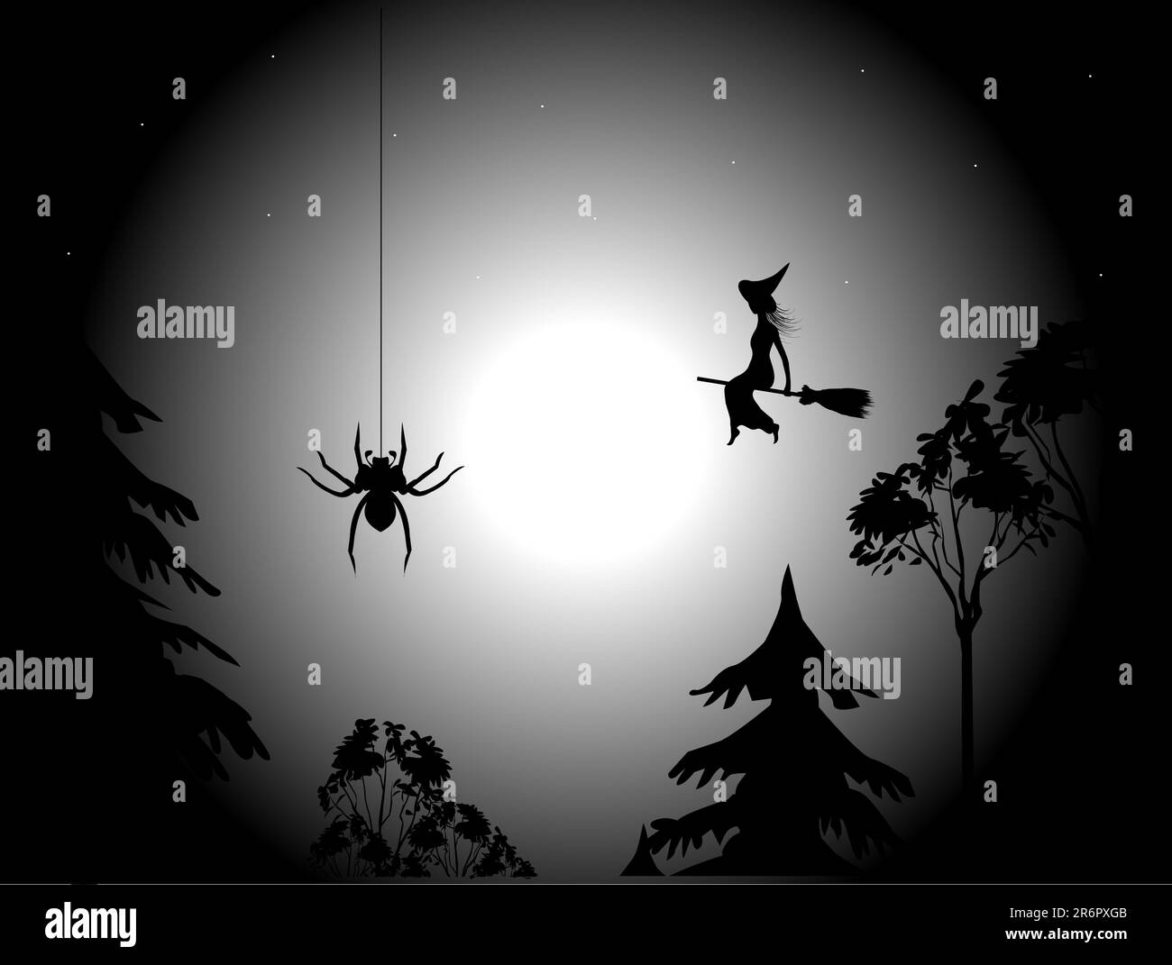 A flying witch on a background of the moon, the star sky and tops of ...