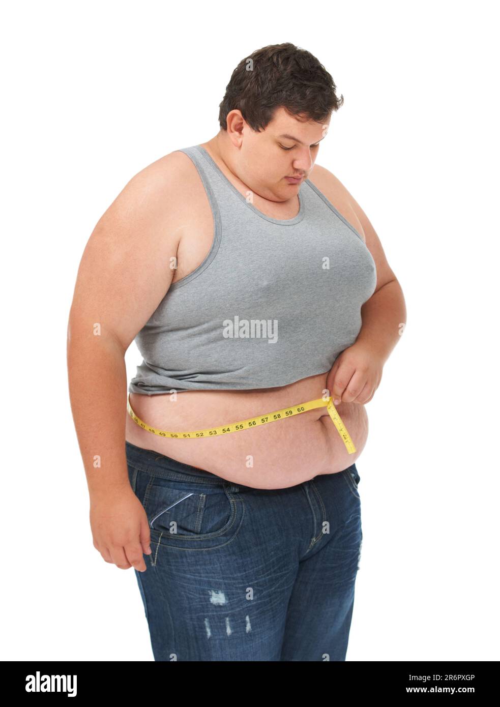 Obesity, tape measure on stomach and man checking waist size, body care ...