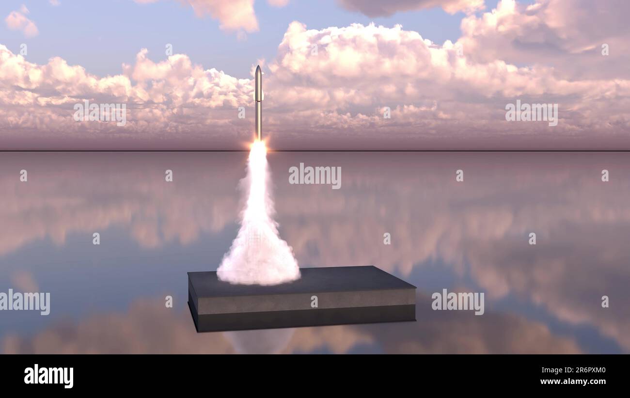 Lunch start rocket from planform on sea calm ocean 3d render Stock ...