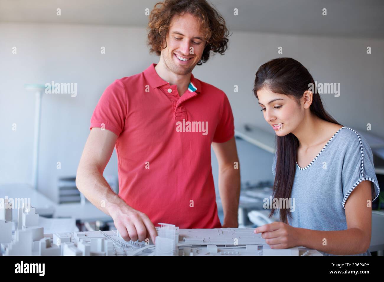 Engineering, model and business people planning, teamwork and building ...