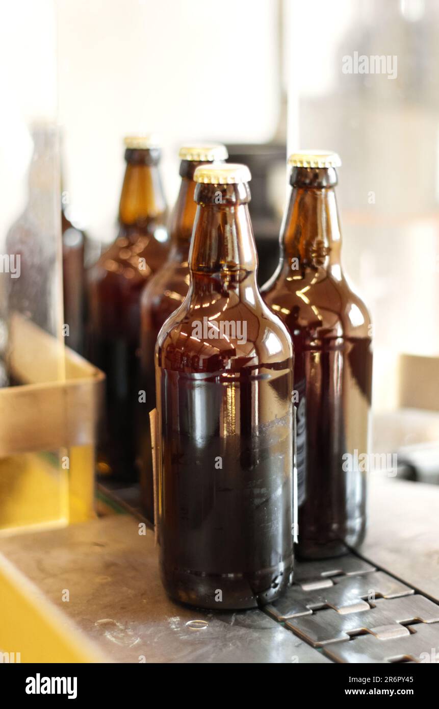 Assembly line, beer and bottles in factory, brewery or manufacturing ...