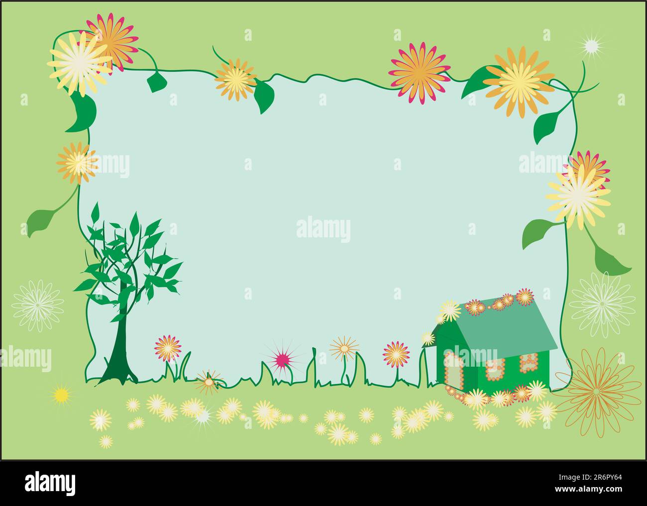 Vector summer frame with coloured flowers on house and all over the ...