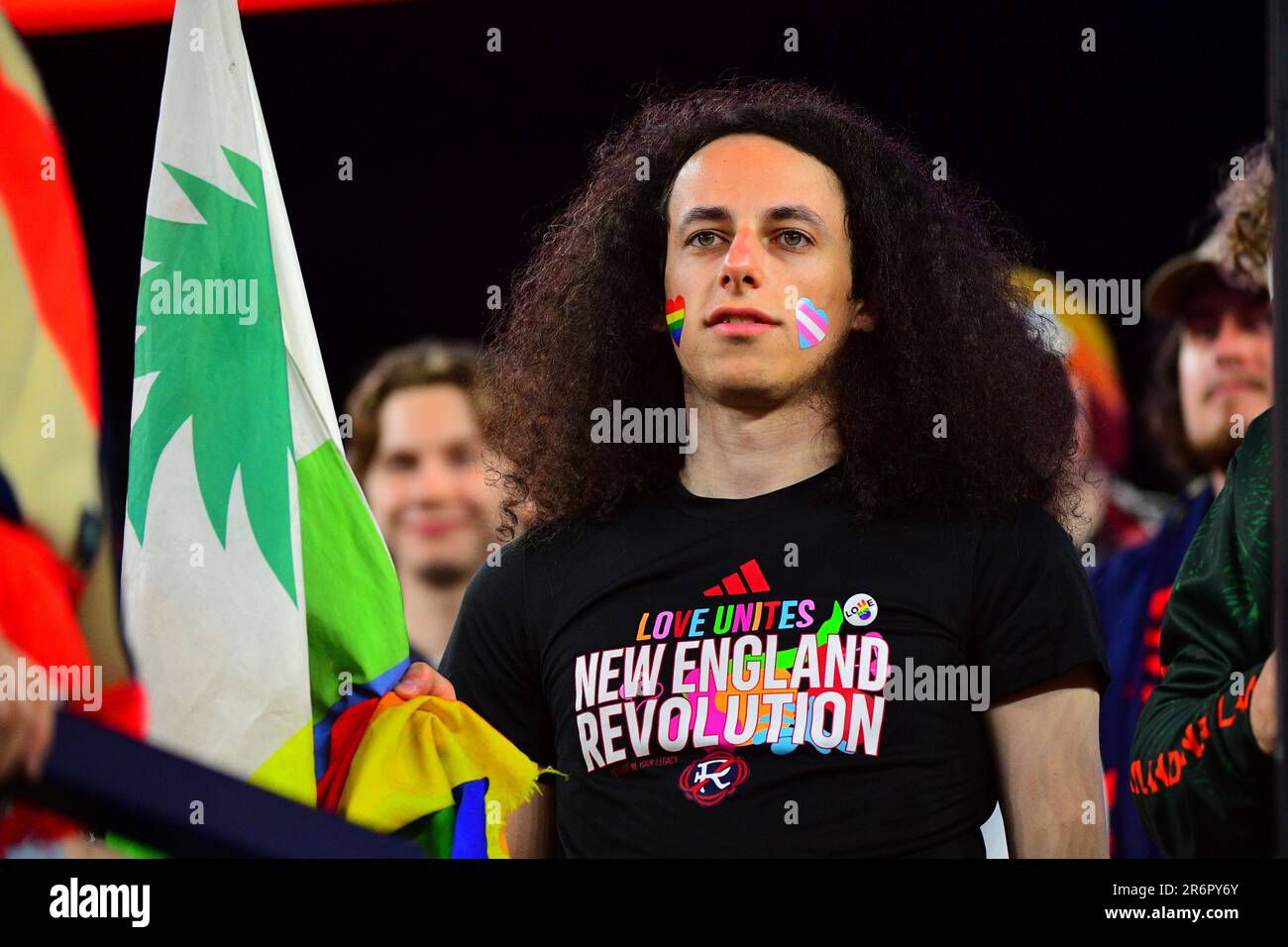 FOXBOROUGH, MA - JUNE 10: A fan looks on wearing the New England ...