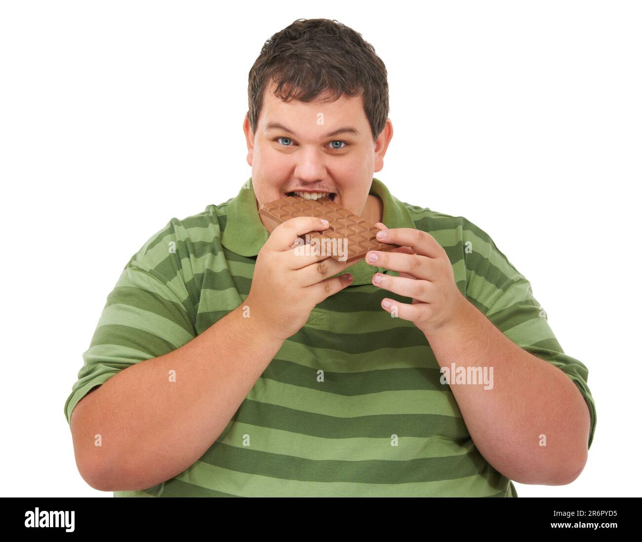 Obesity, eating chocolate and portrait of man with smile, unhealthy ...