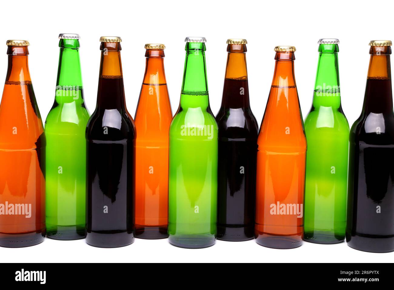 A row of six beer bottles on a white background with a reflection Stock ...