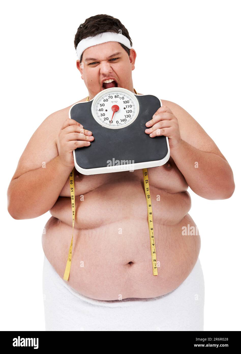 Overweight, scale bite and man upset with diet progress and weight loss ... Overweight, scale bite and man upset with diet progress and weight loss ...
