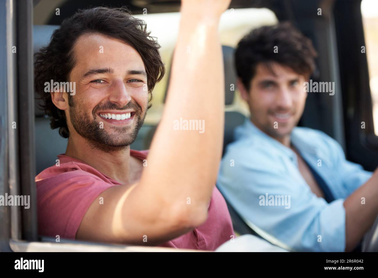 Happy, travel and portrait of men in a car for a drive, road trip or ...