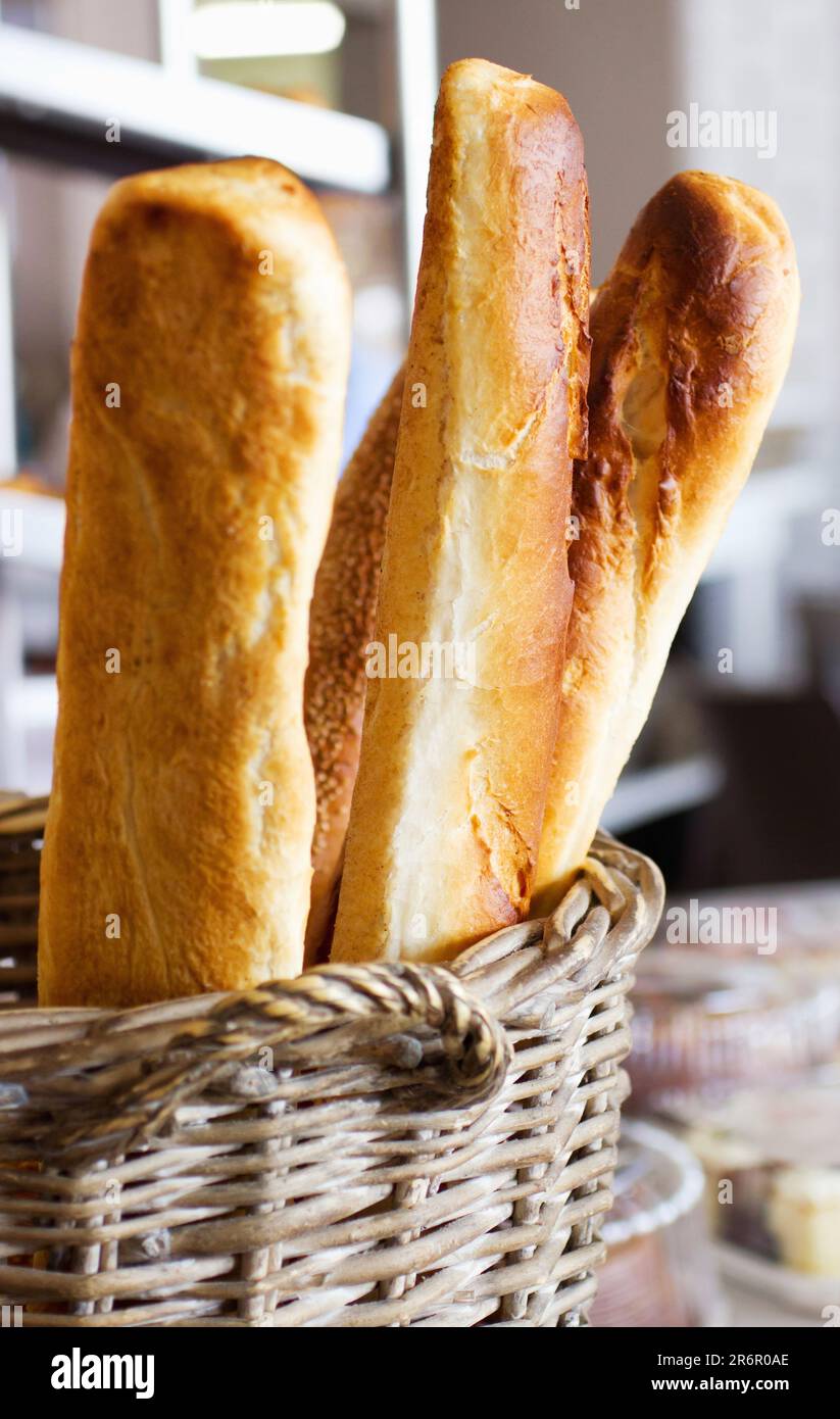 Wheat bakery with bread basket in a supermarket or grocery store for a ...