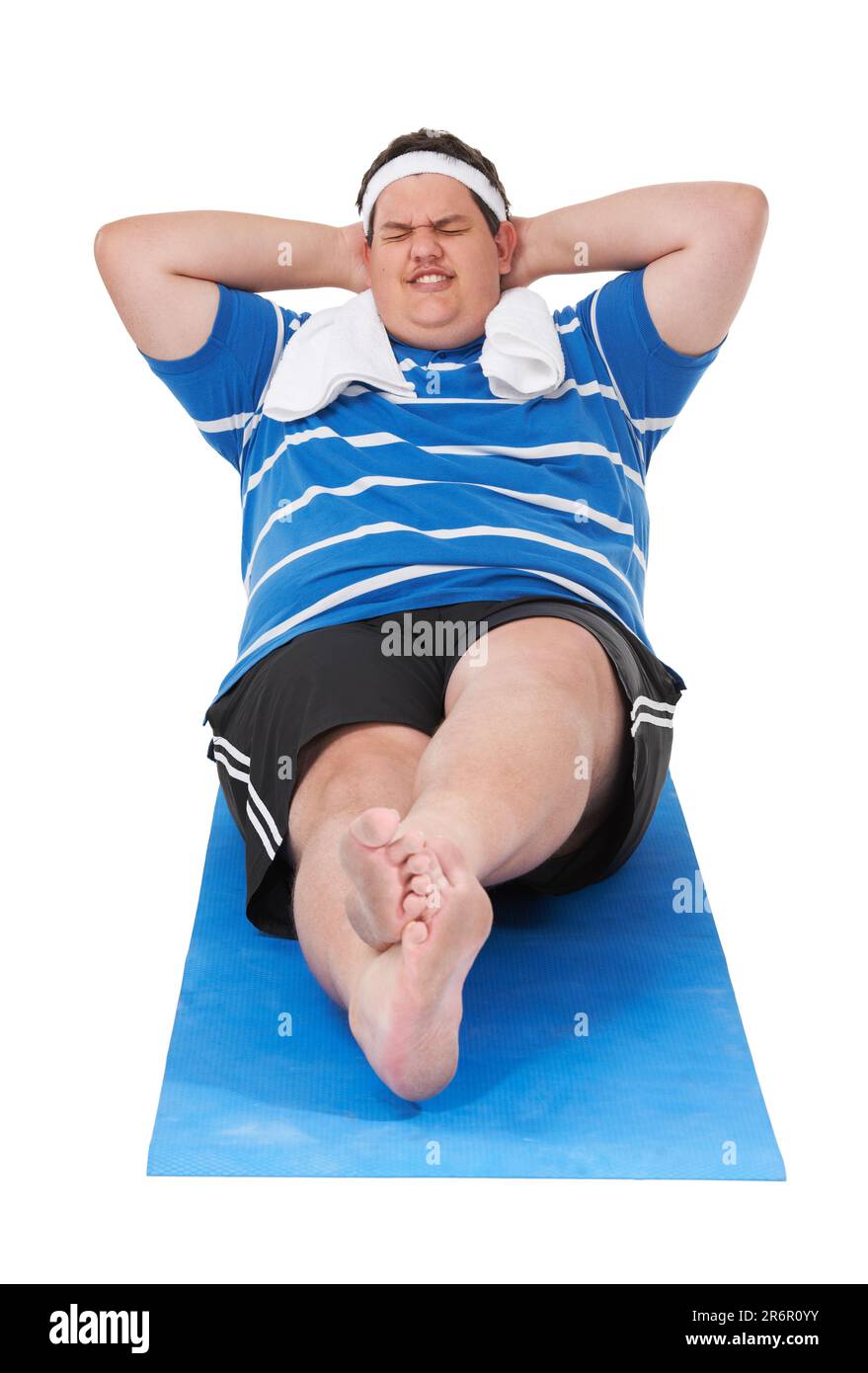 Fitness, overweight and man doing a exercise in a studio for weight ...