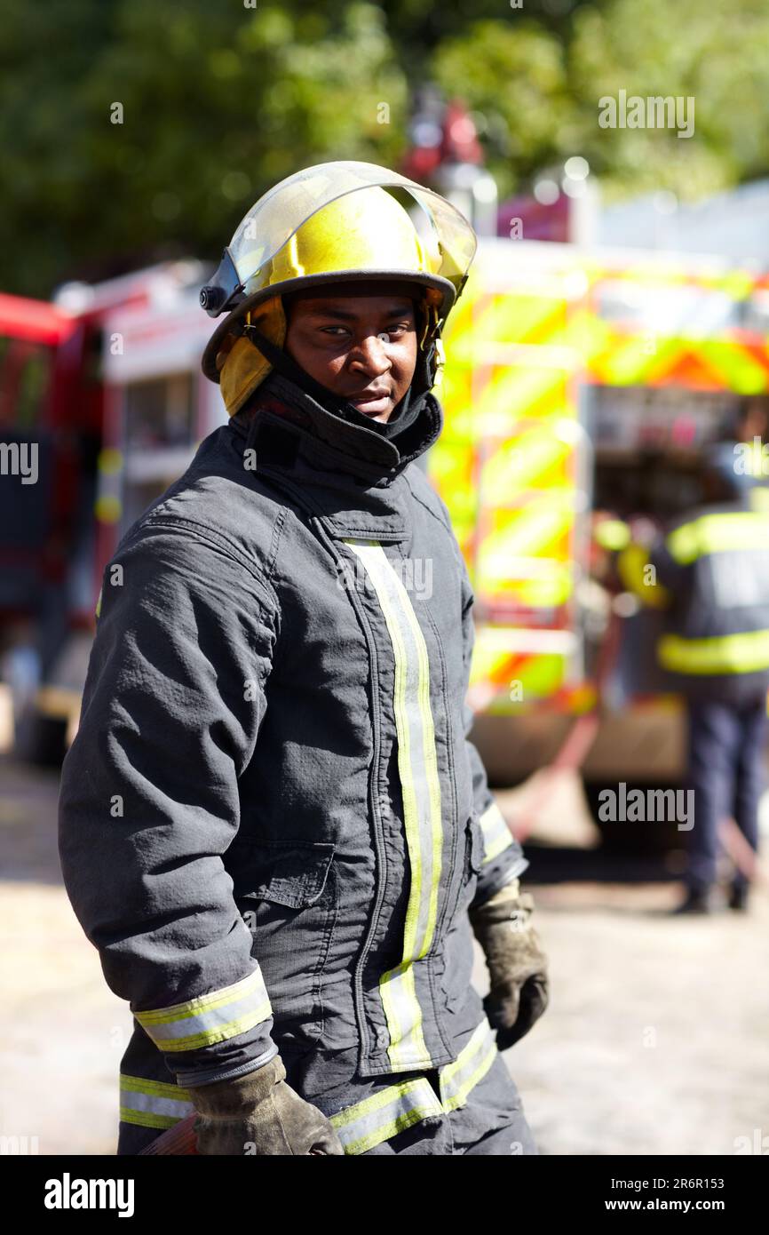 Safety, hero and portrait of a black man as a firefighter for service ...