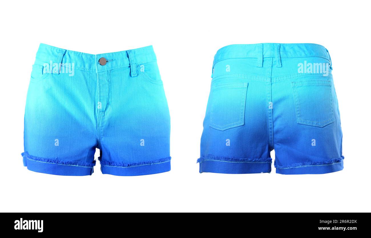 A women jeans shorts isolated on a white background. Front and back ...