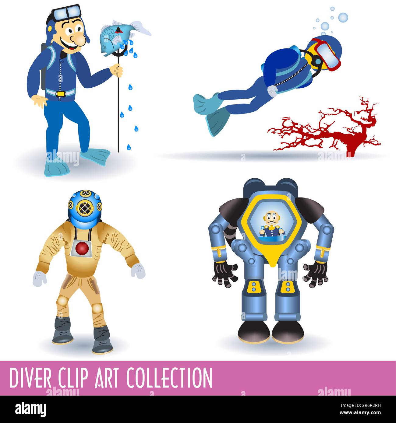 Vector illustration of four divers in different situations Stock Vector ...