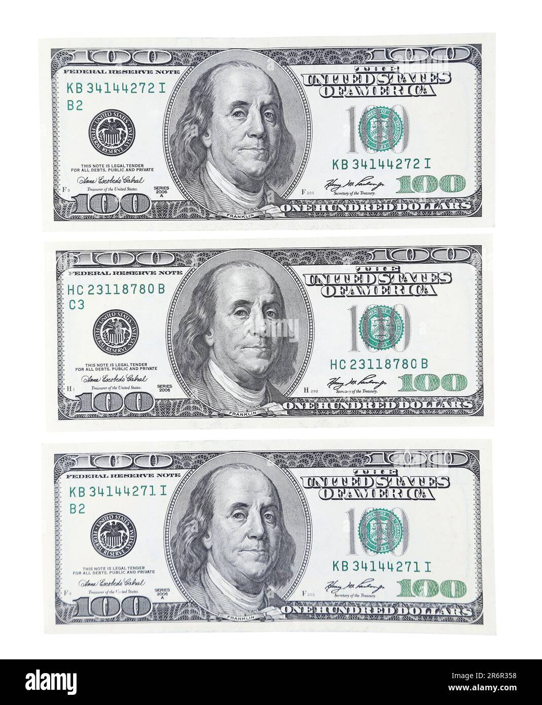 American dollar. Three bills. Horizontally. On a white background Stock ...