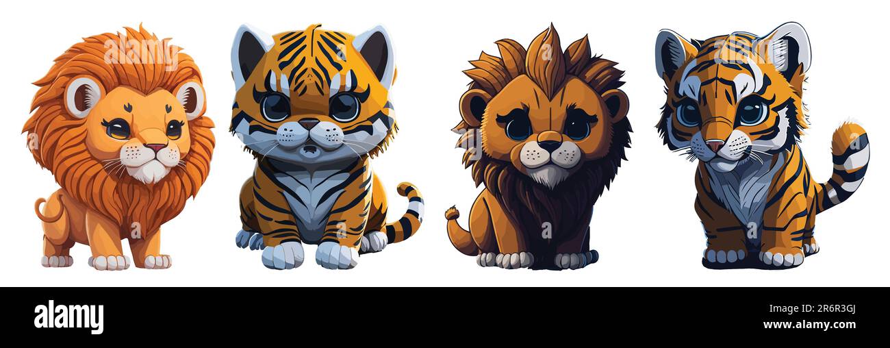 set of cartoons art of cute lions and tigers. isolated in white ...