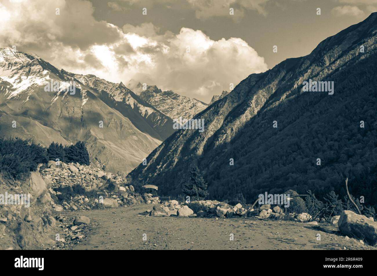 Grey Color Mountain Valley landscape with flying clouds in the ...