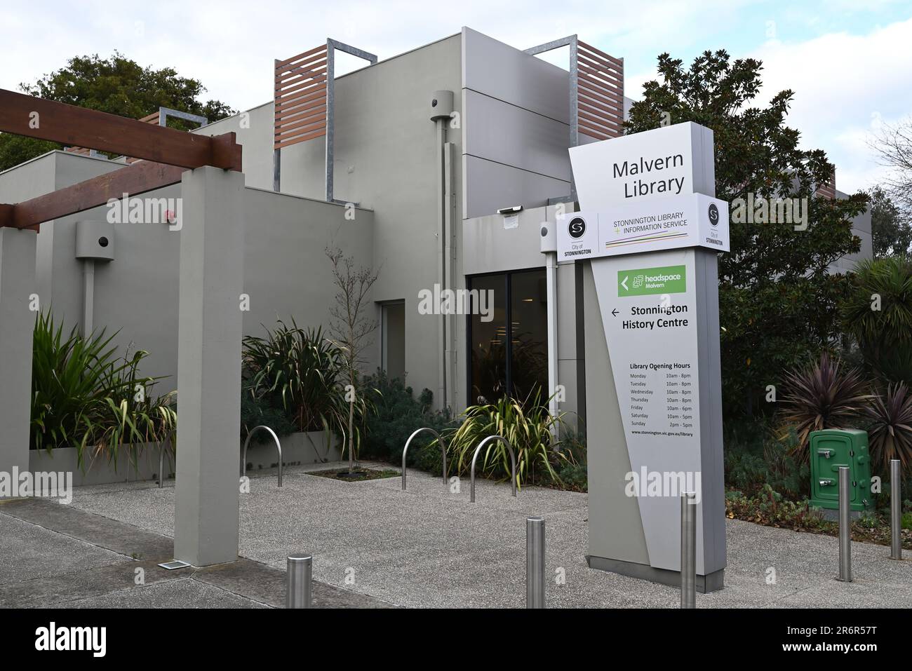 Grey signage outside Malvern Library, in the City of Stonnington, with ...