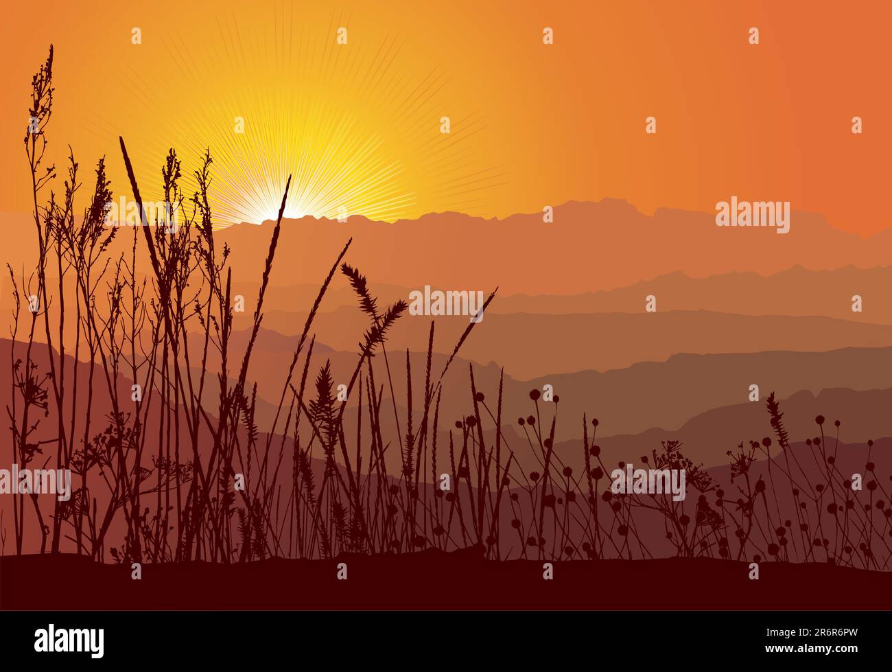 Beautiful sunset over mountains with grass silhouette / vector Layers ...