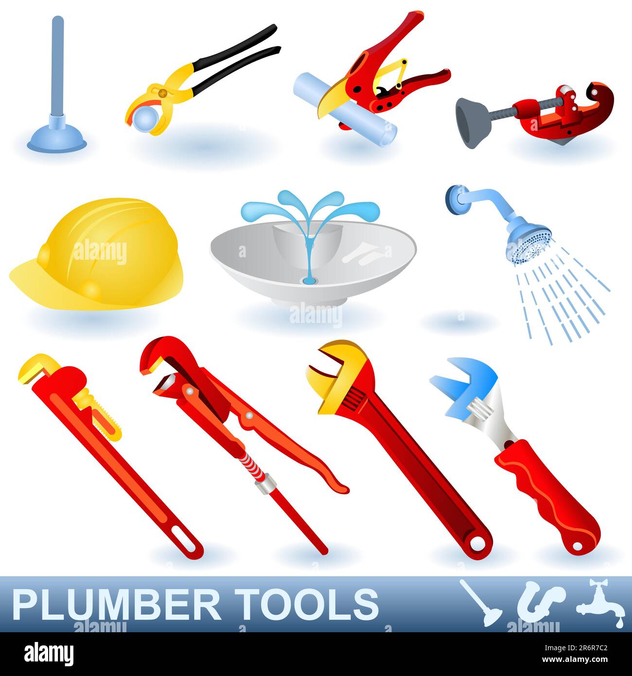 A collection of different plumber tools, with shower and a sink Stock ...