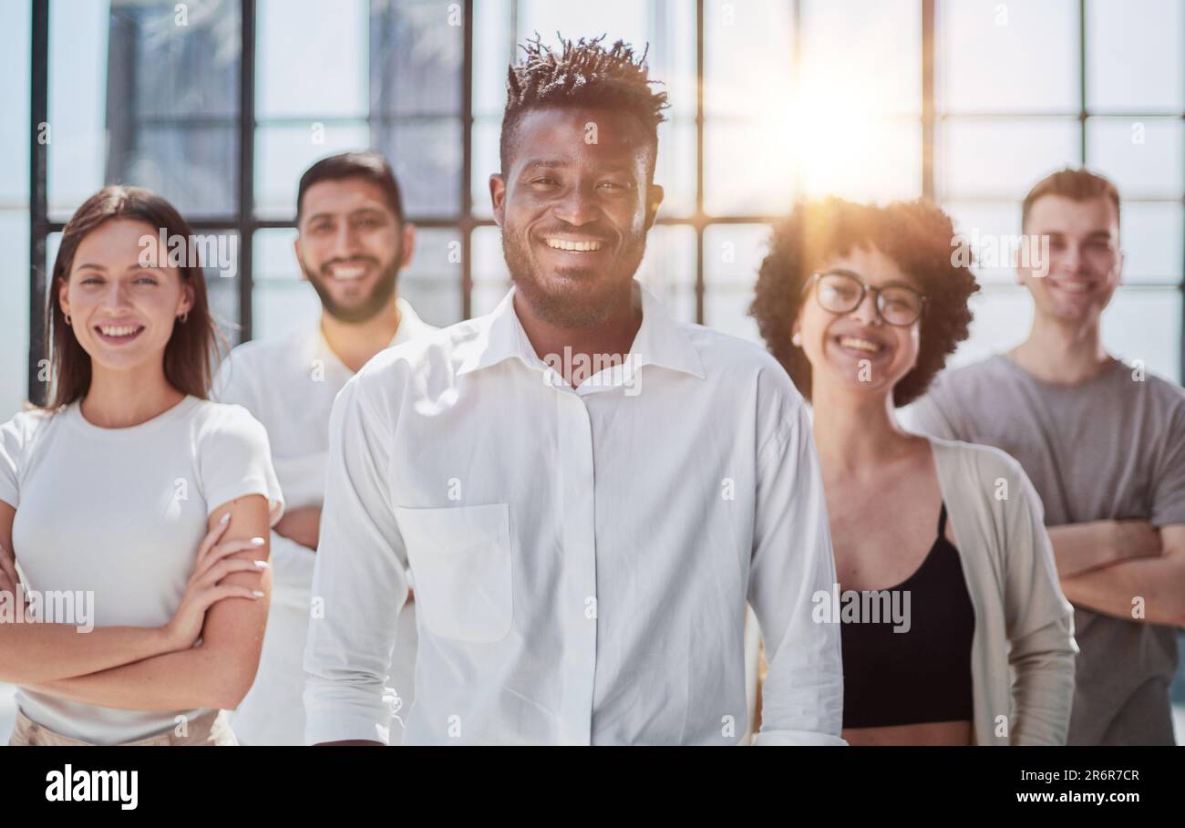Smiling professional business leaders and employees group team portrait ...