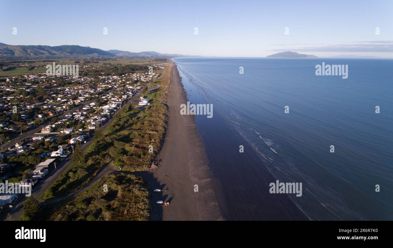 Aerial morning view of Otaki Beach, Kapiti coast, New Zealand Stock ...