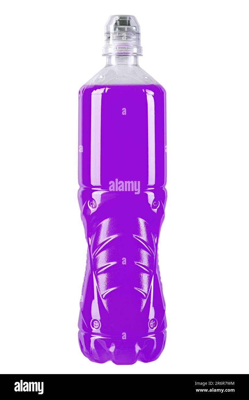 Plastic bottle with purple drink isolated on white background. The ...
