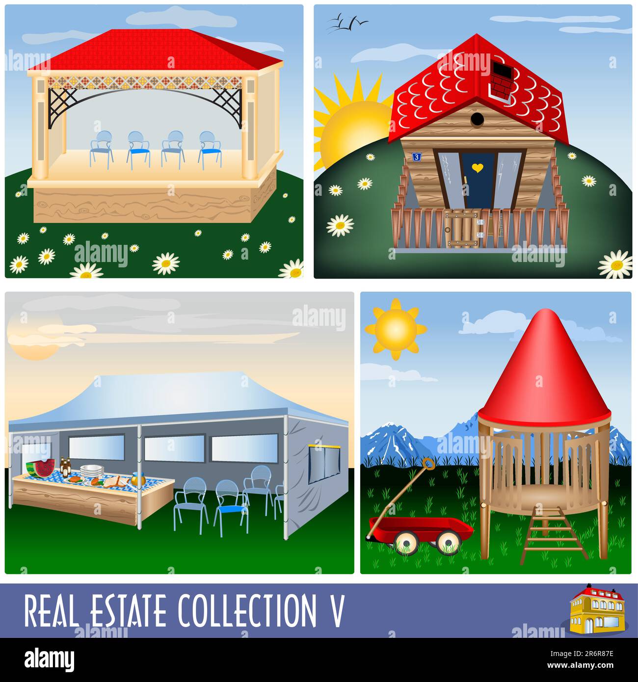 Real estate collection 5, different kind of buildings and a large tent ...