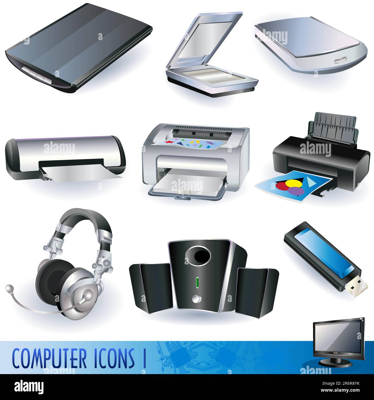 Computer color icons set - variety of peripheral computer units Stock ...