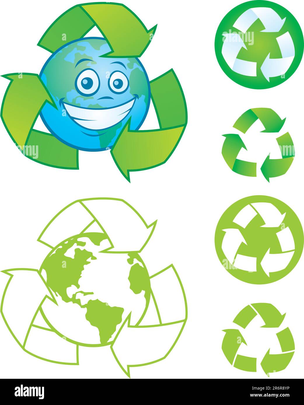 Vector cartoon planet Earth with recycle symbol and several vector ...