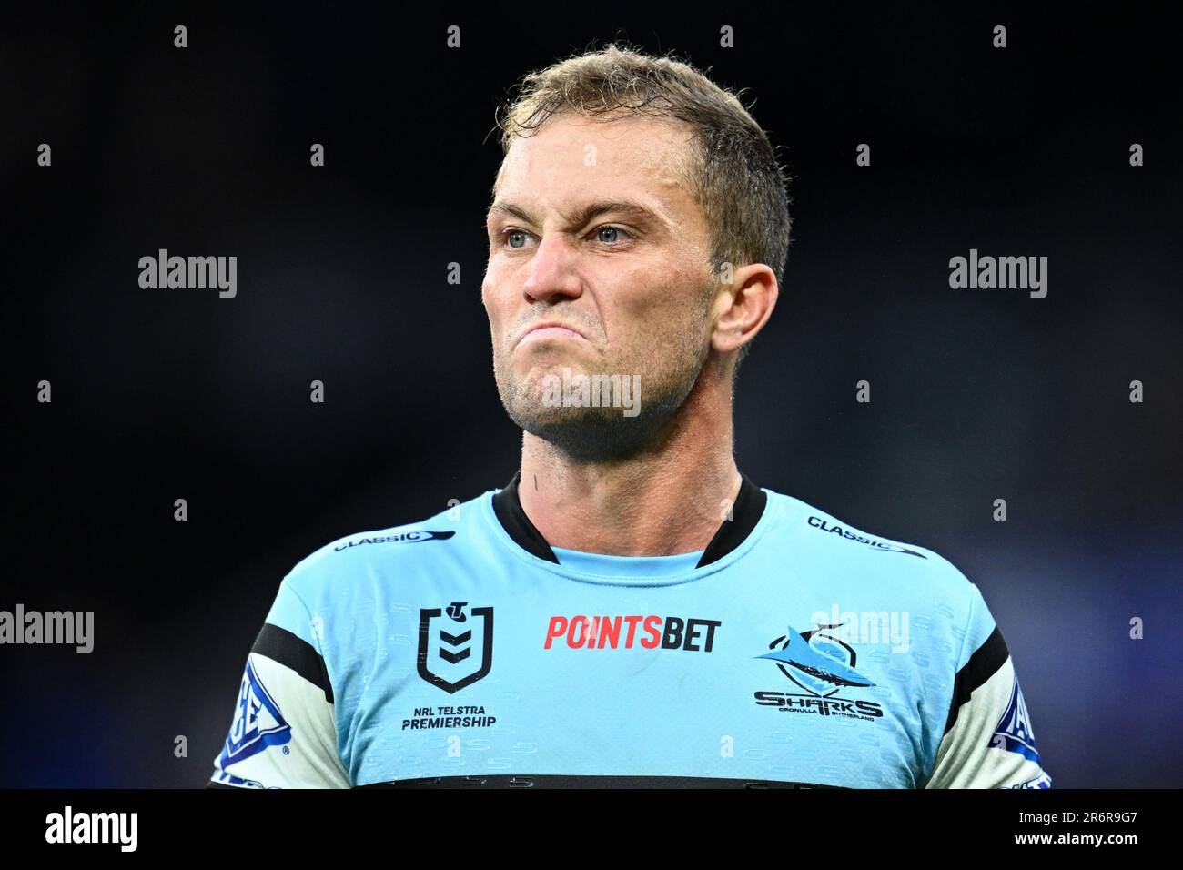Melbourne, Australia. 11th June, 2023. Matt Moylan of the Sharks reacts ...
