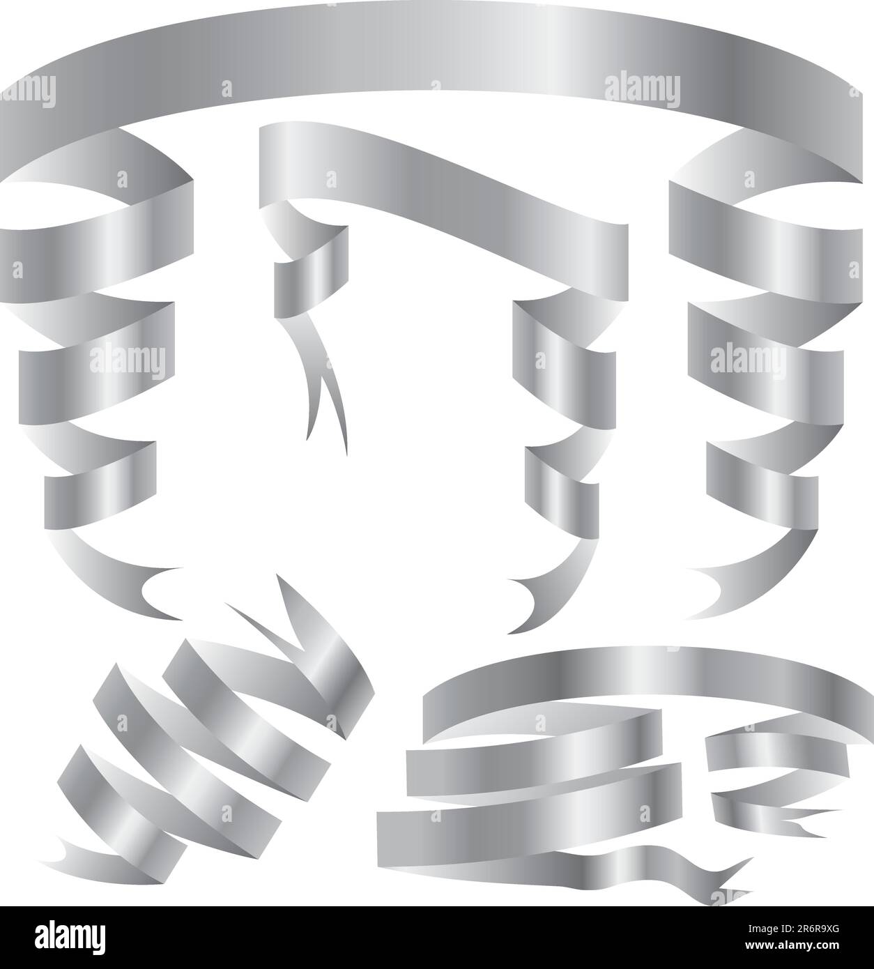 Set of graphic coiling monochrome tapes of banners on white background ...