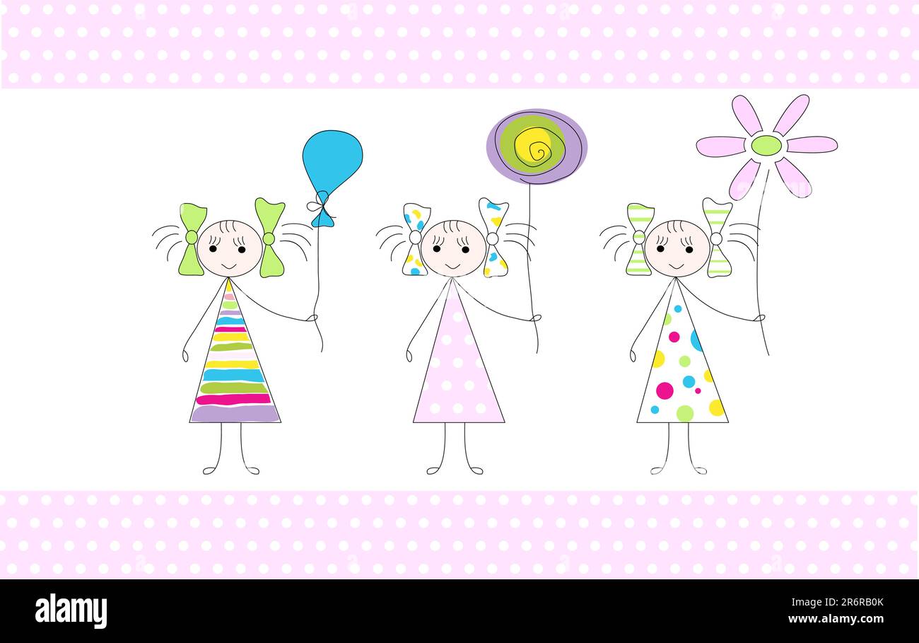 Picture of three girls holding balloon, candy and flower Stock Vector ...