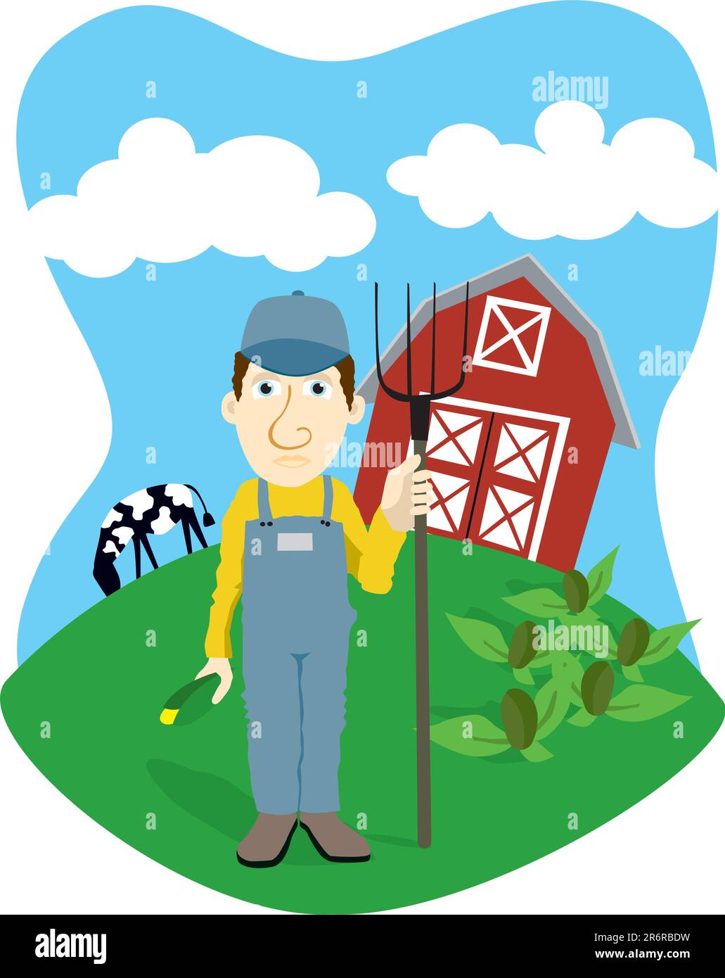 Vector illustration of a farmer standing in front of his barn Stock ...