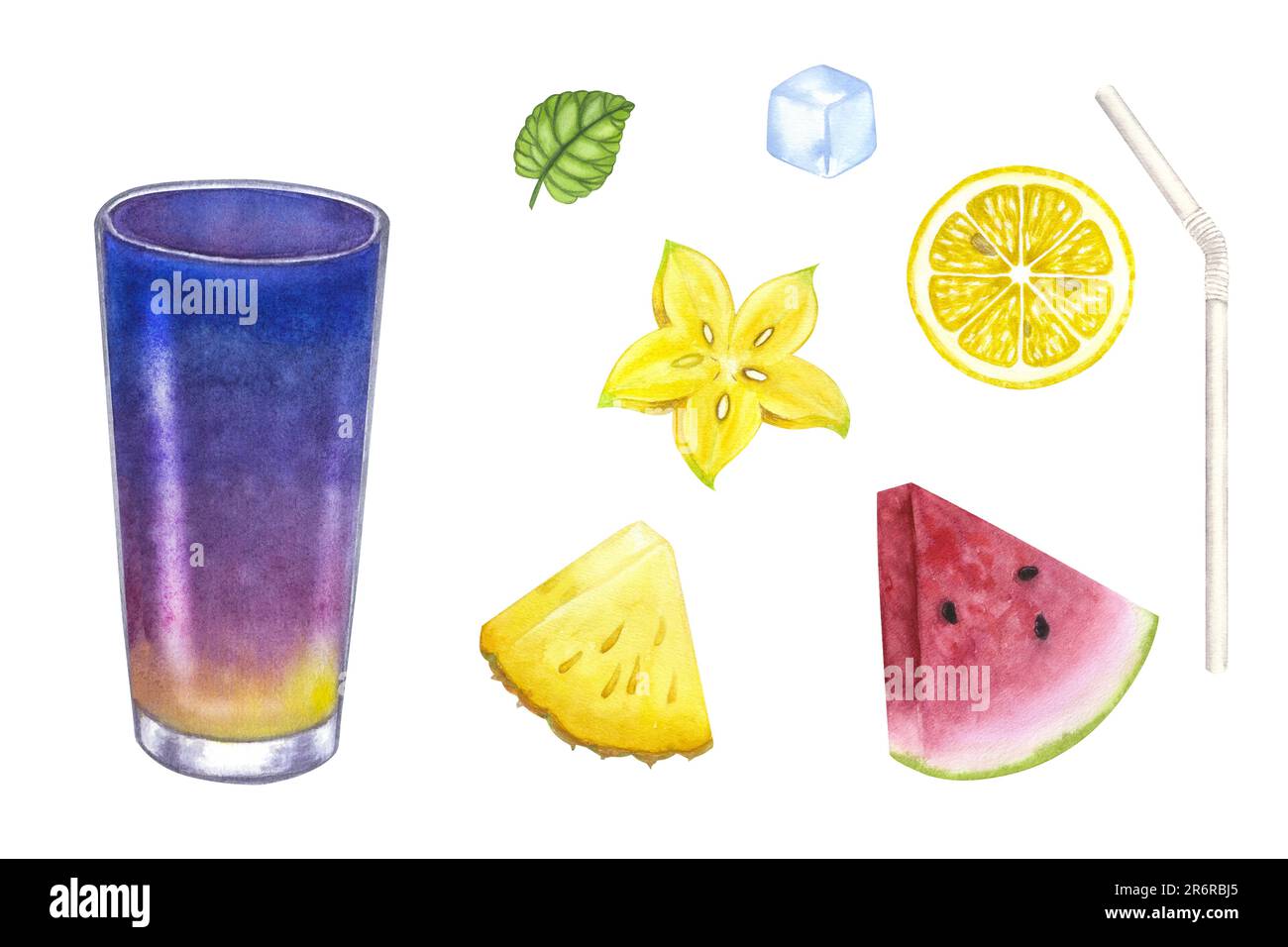 Cocktail glass purple blue fresh juice or alcoholic. Cherry, ice ...