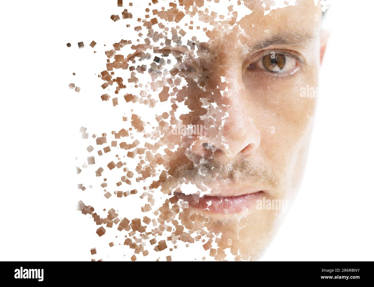 Double exposure portrait of a man's face disappearing into white ...