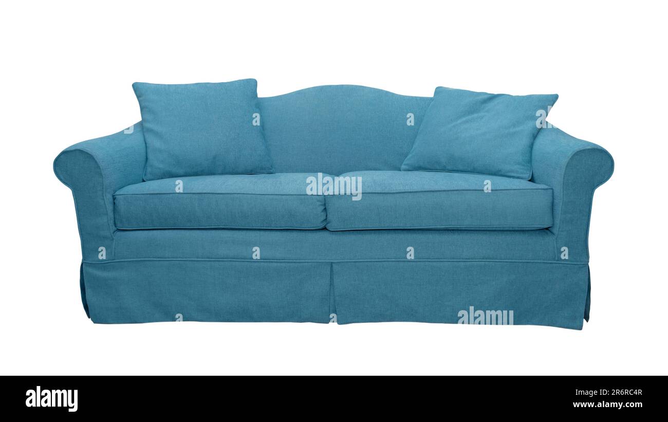 Cyan sofa with two pillows isolated on white background. Classic ...