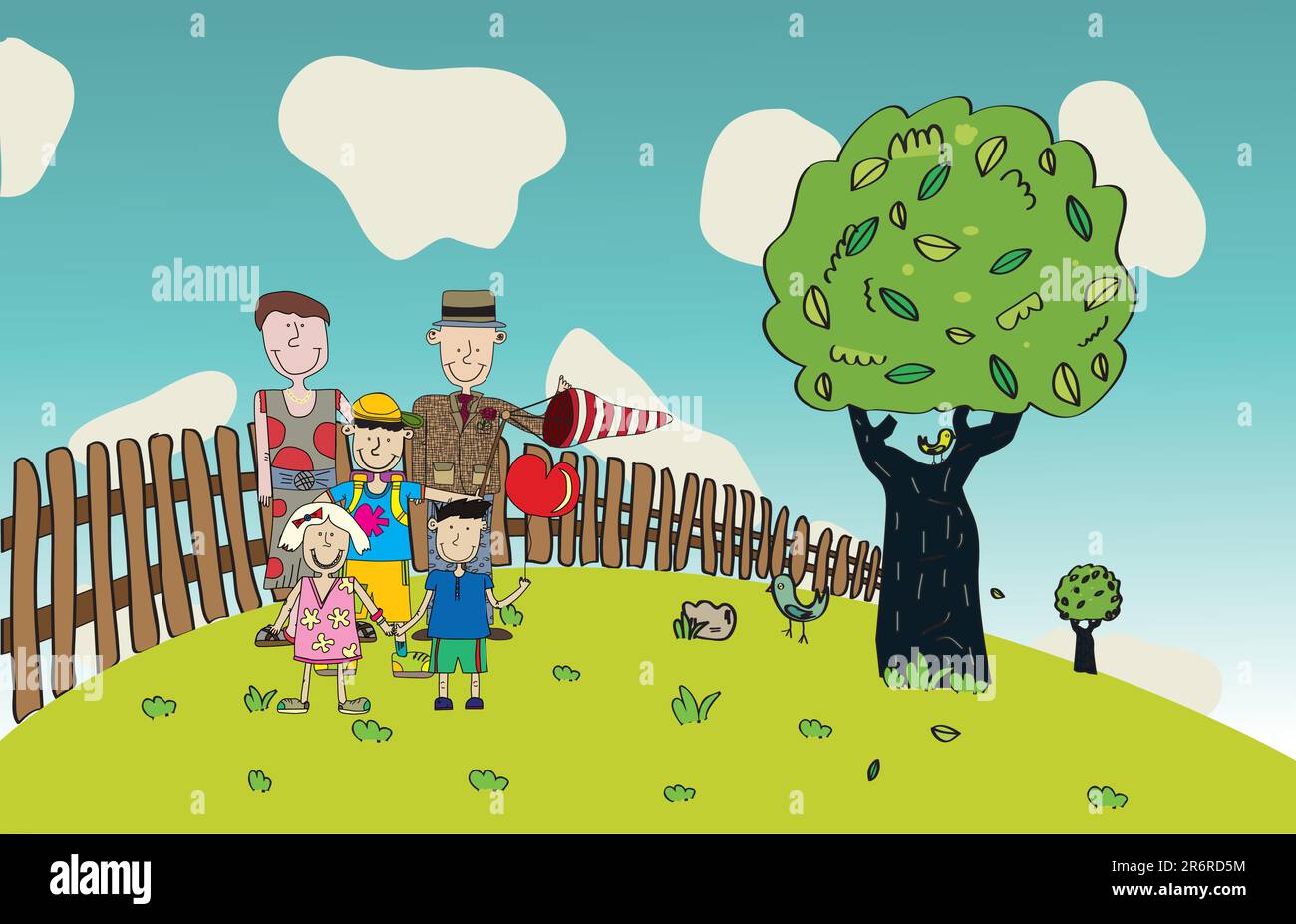 Vector illustration of Happy Family, tree and birds Stock Vector Image ...