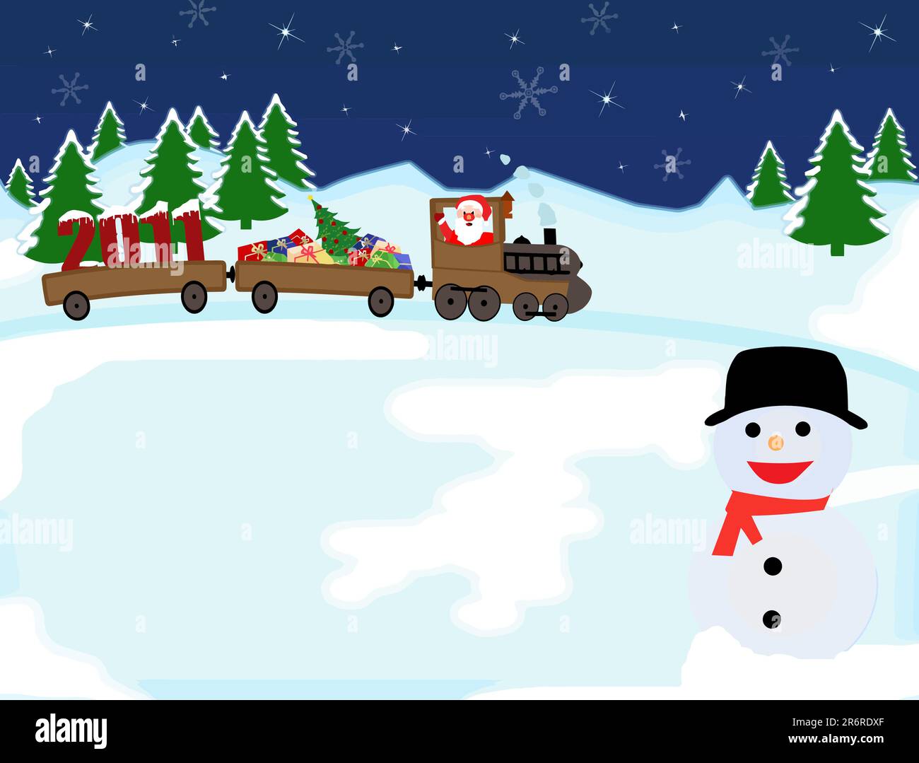 Background with snowman and Santa Claus in a toy train with gifts and ...