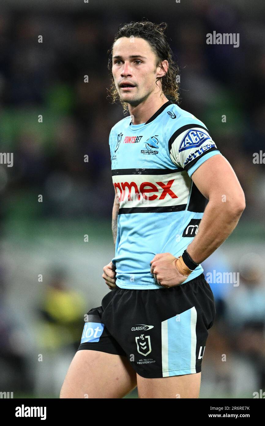 Melbourne, Australia. 11th June, 2023. Nicho Hynes of the Sharks reacts ...