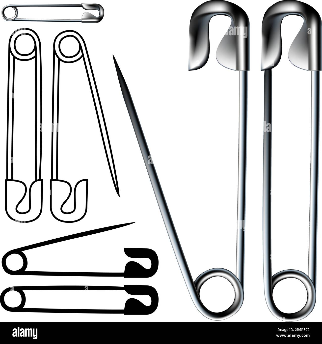 Safety pins in stainless steel texture - vector silhouettes Stock ...